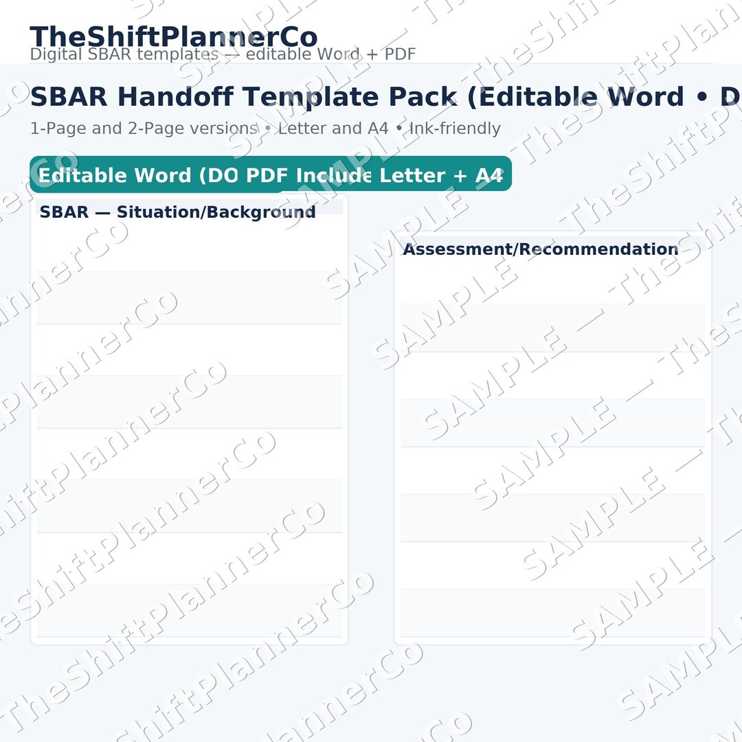 SBAR Handoff Template Pack DOCX + PDF | 1 Page and 2 Pages | Editable ...