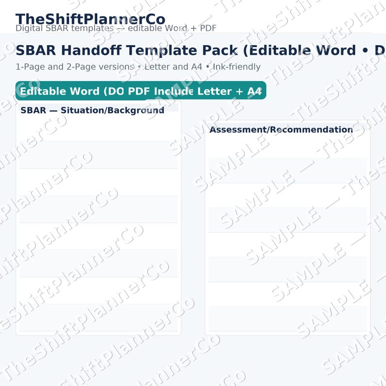 SBAR Handoff Template Pack DOCX + PDF | 1 Page and 2 Pages | Editable ...