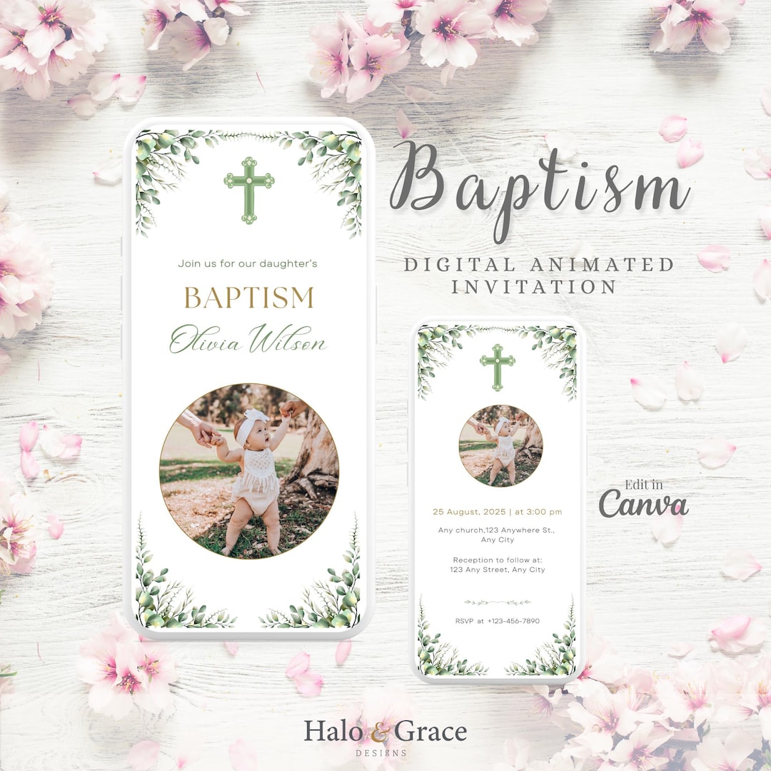Animated Baptism Invitation, Green Leaves Gold Cross Photo, Canva MP4 ...