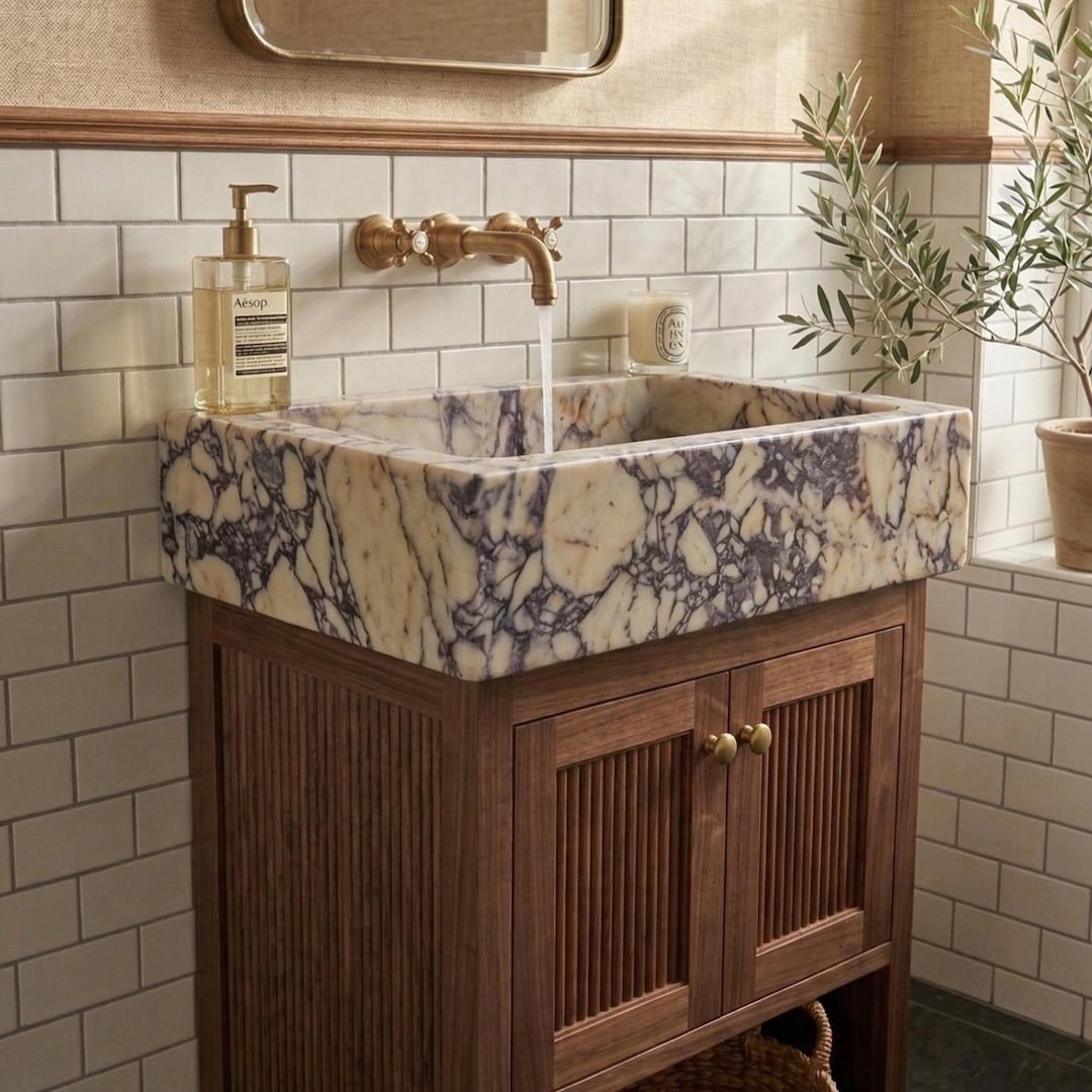 Calacatta Viola Marble Sink, Countertop Basin, Powder Room Vessel Sink ...
