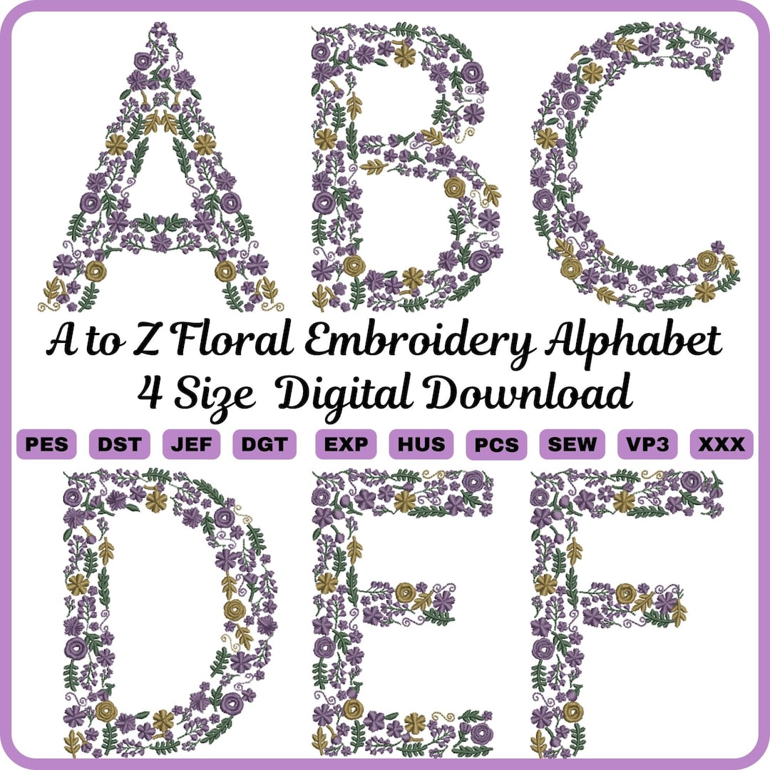 Floral Embroidery Font A–Z | Botanical Monogram Alphabet | 4 Sizes ...
