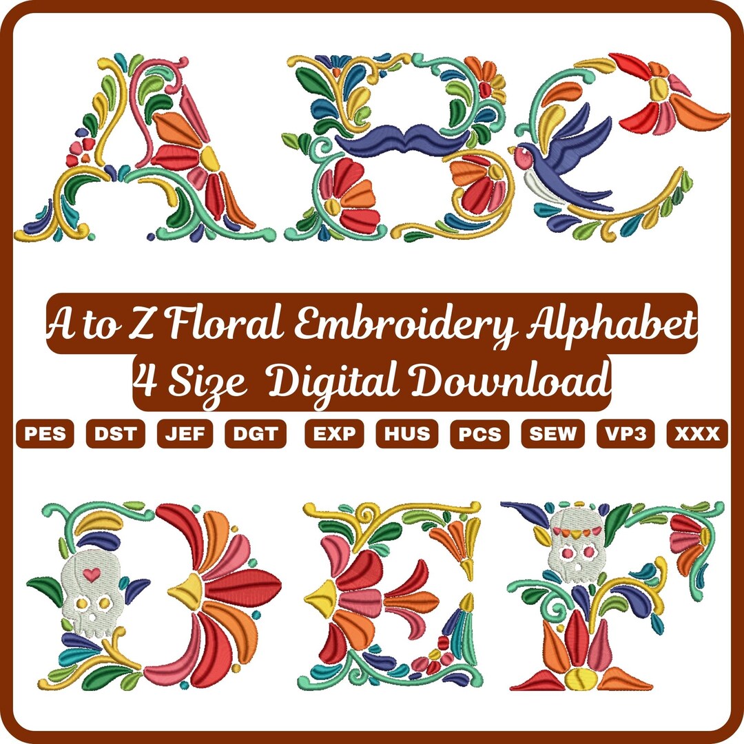 Mexican Floral Alphabet Embroidery Font A-Z | Otomi Folk Art | Dia De ...