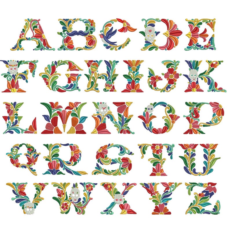 Mexican Floral Alphabet Embroidery Font A-Z | Otomi Folk Art | Dia De ...