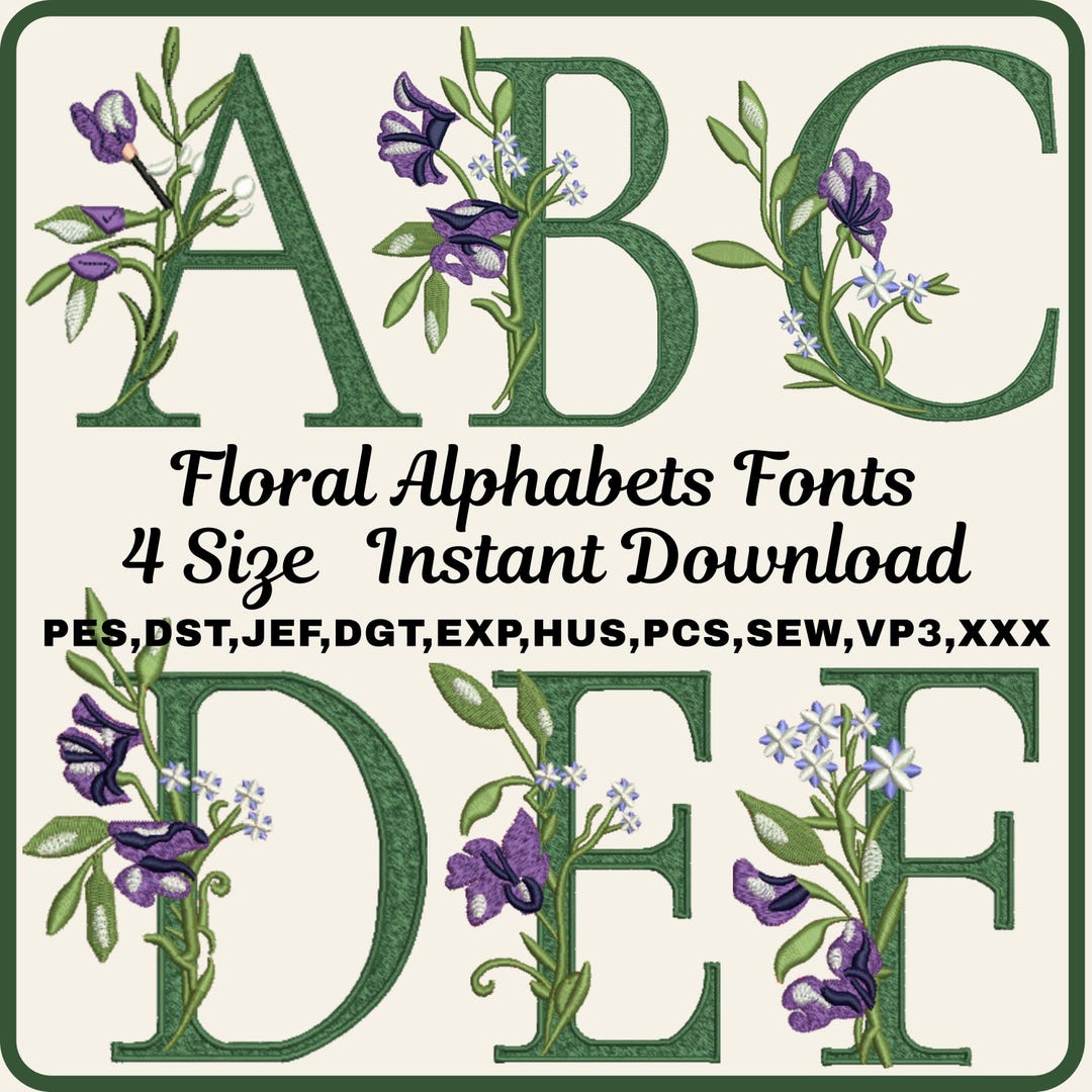 Botanical Floral Embroidery Font A–Z | Machine Alphabet Letters ...