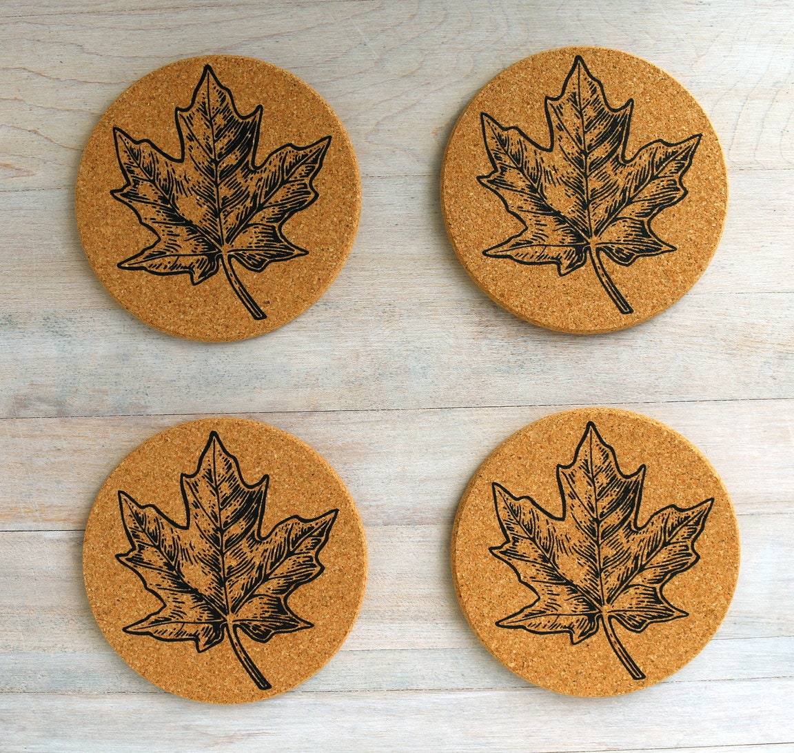 Maple Leaf Coaster Set Fall Decor Housewarming Gift Cork | Etsy