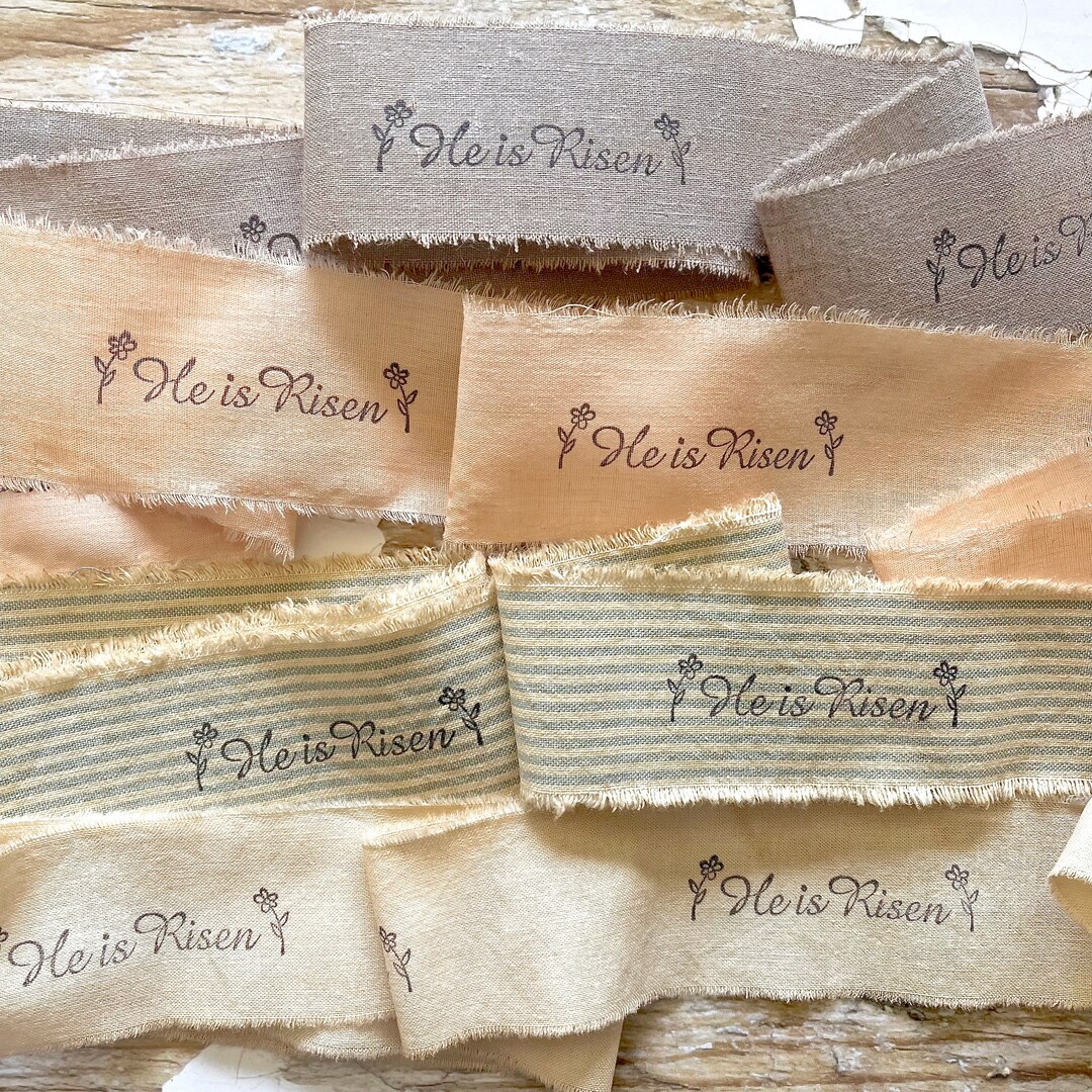 Stamped Easter Torn Fabric Ribbon he is Risen Coffee Dyed Muslin Ribbon ...