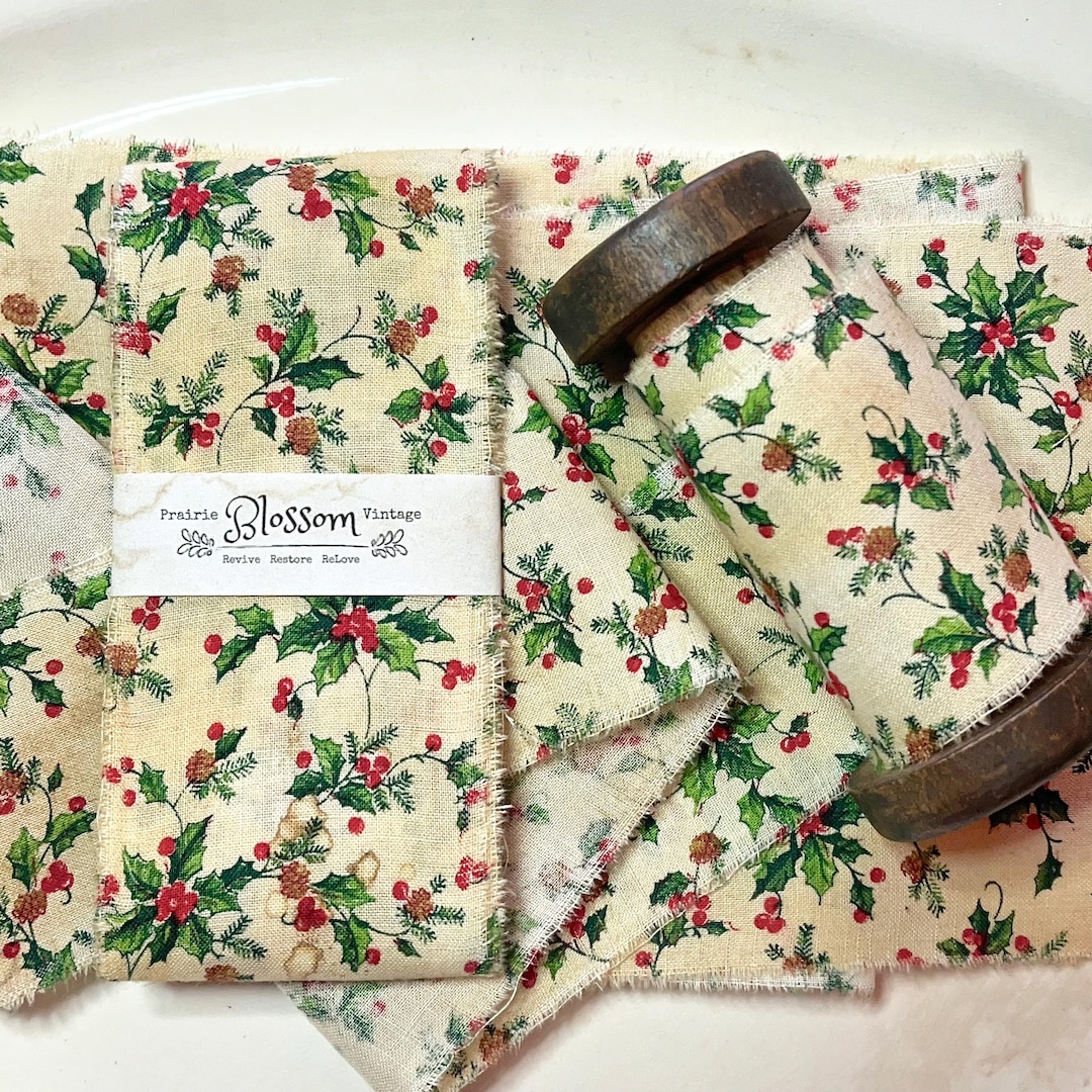 1 Yard Vintage Holly Print Fabric Ribbon - Torn Frayed Christmas Ribbon ...