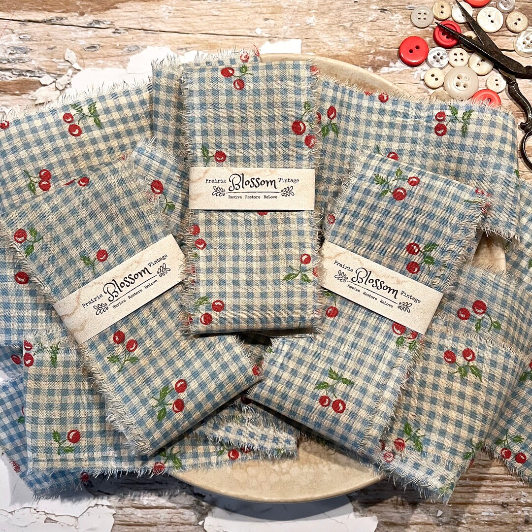 1 Yard Coffee Dyed Blue Gingham Cherry Print Torn Floral Fabric Ribbon ...