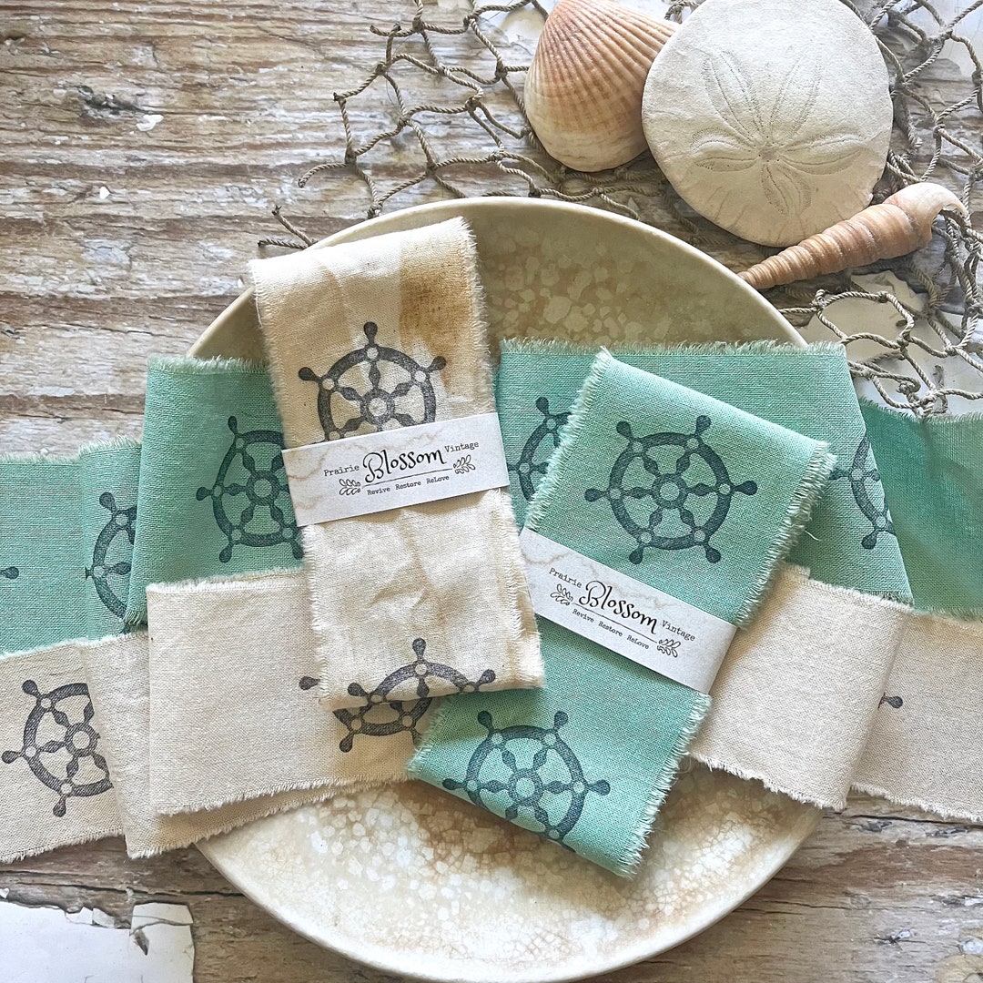 Hand Stamped Sea Captain's Wheel Ribbon – Aged Muslin Fabric Strips ...