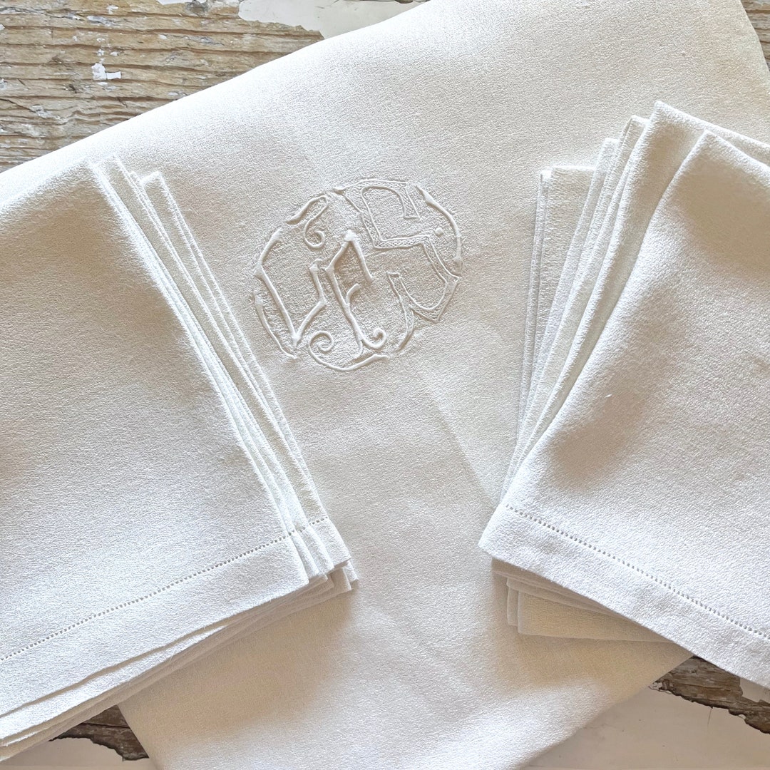 Vintage Fine Ivory Linen Monogrammed Tablecloth and Napkins Set Tablecloth and 10 Pc. Napkins ...
