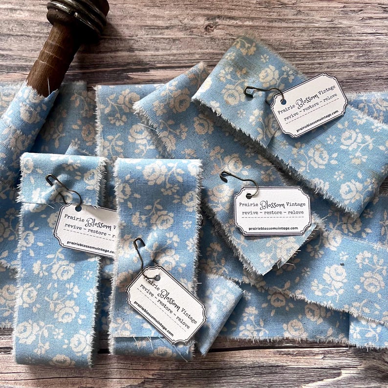1 Yd Primitive Blue & White Rose Torn Fabric Ribbon - 1.5 - 2 Wide Aged ...