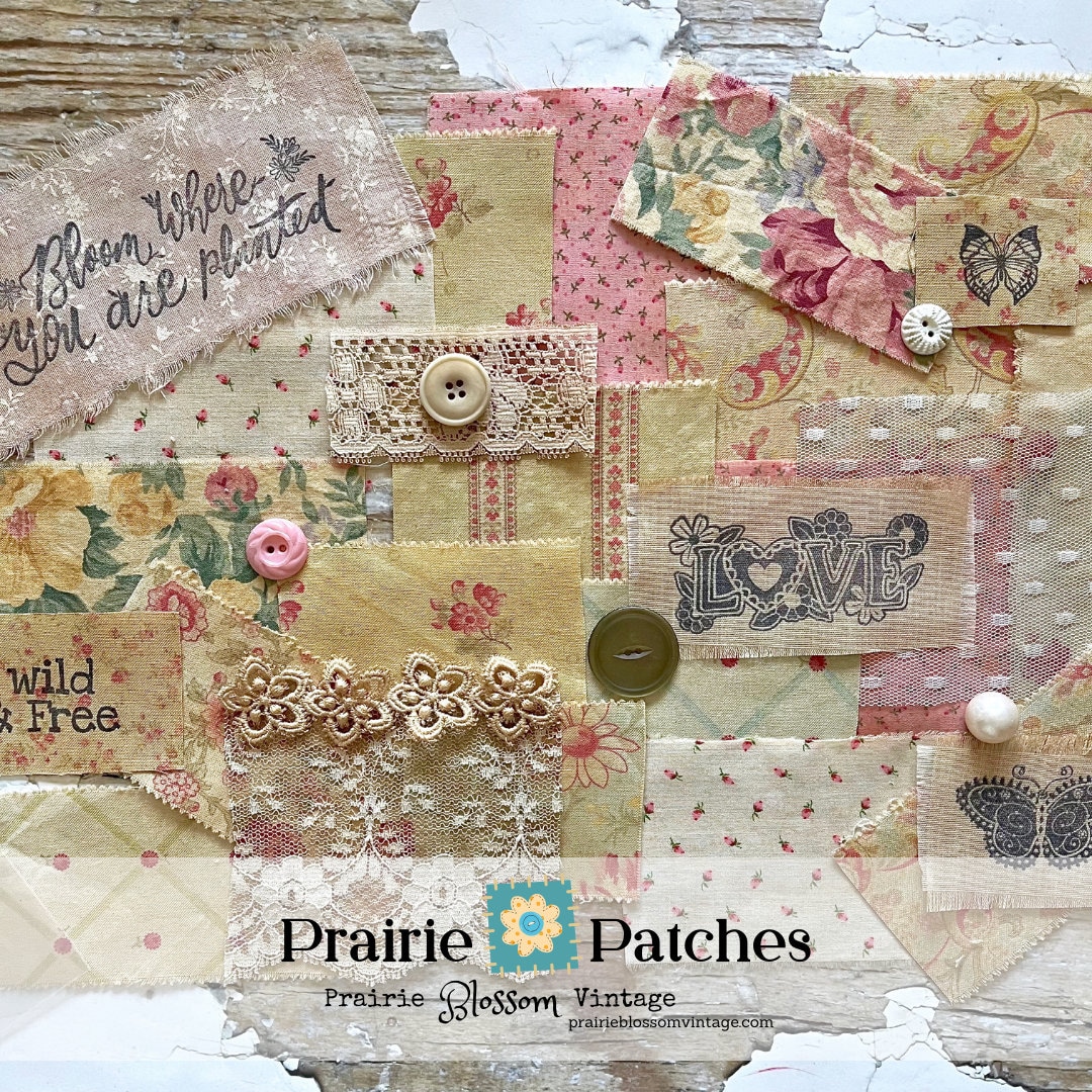 20 Piece Prairie Patches boho Chic Assorted Pink Scrap Fabrics, Laces, Notions & Ephemera ...
