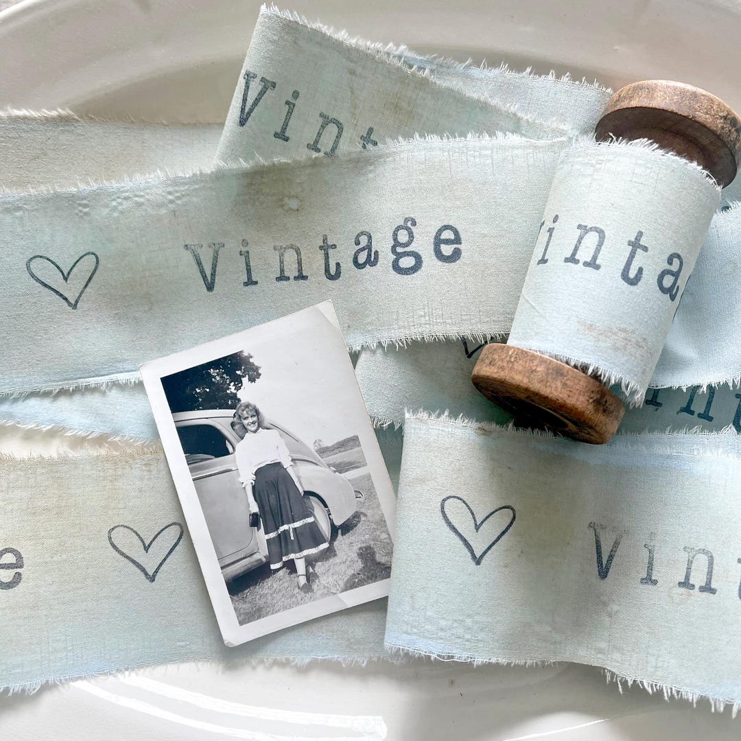 1 Yard Coffee Dyed Blue "vintage" Stamped Fabric Ribbon - Stamped ...