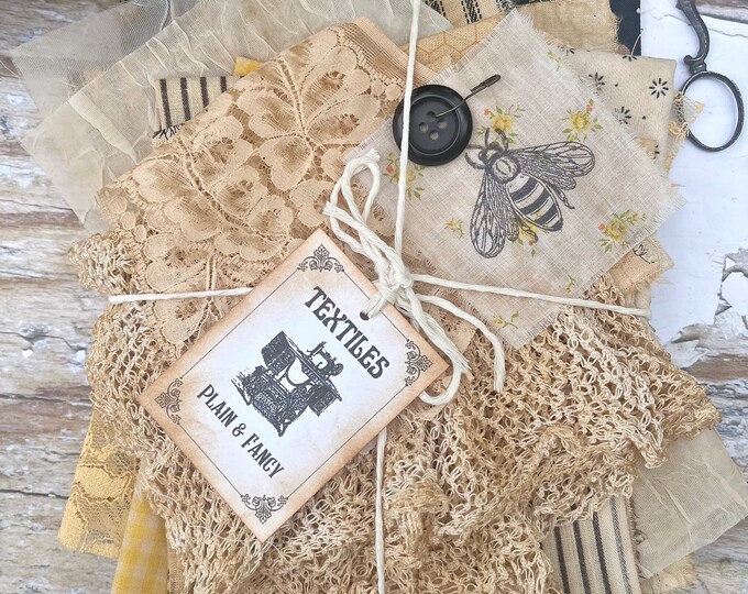 Mixed Fabric plain & Fancy Ephemera Bundle Black Yellow Bee Themed ...