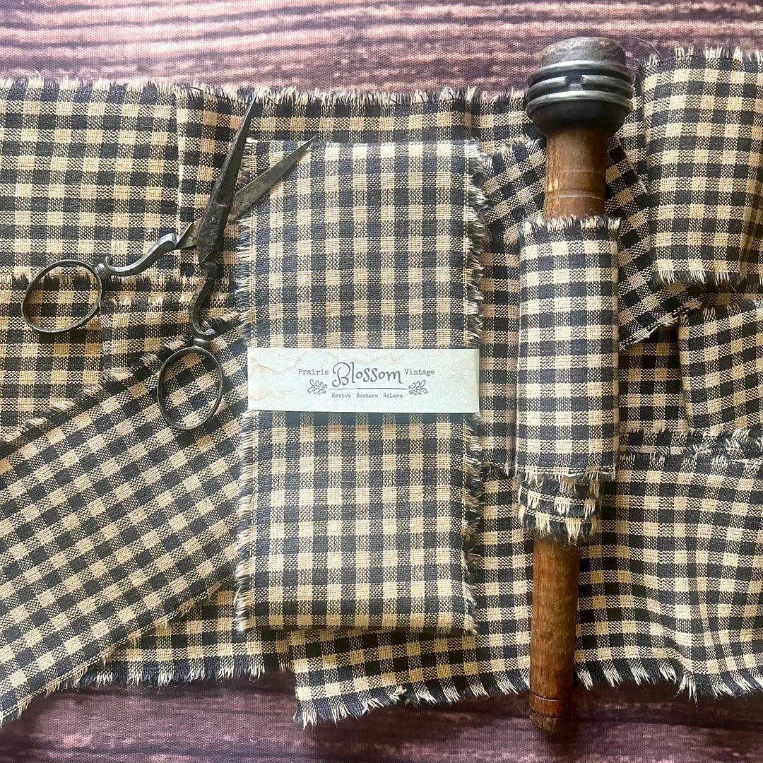 1 Yard Coffee Dyed Country Black Checked Fabric Ribbon - Torn Fabric ...