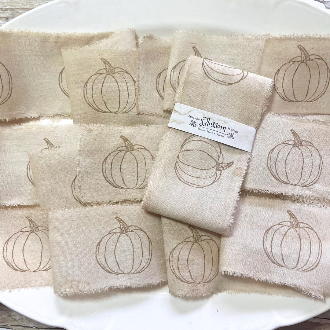 1 Yard Stamped Pumpkin Fabric Ribbon - Coffee Dyed Muslin Stamped ...