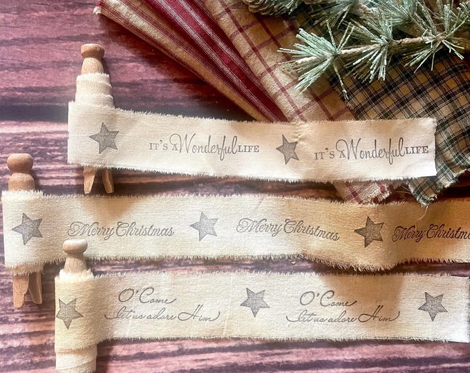 1 Yard Coffee Dyed Muslin Hand Stamped Ribbon on Vintage Clothespin ...