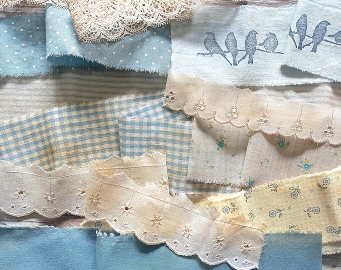 10 Piece "prairie Strips" Torn Fabric Ribbon Strips - Country Blues ...