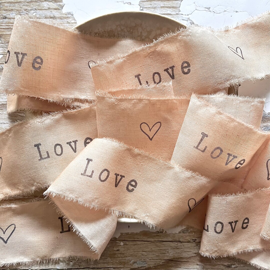 Stamped love Torn Fabric Ribbon Coffee Dyed Pink Stamped Ribbon Frayed ...