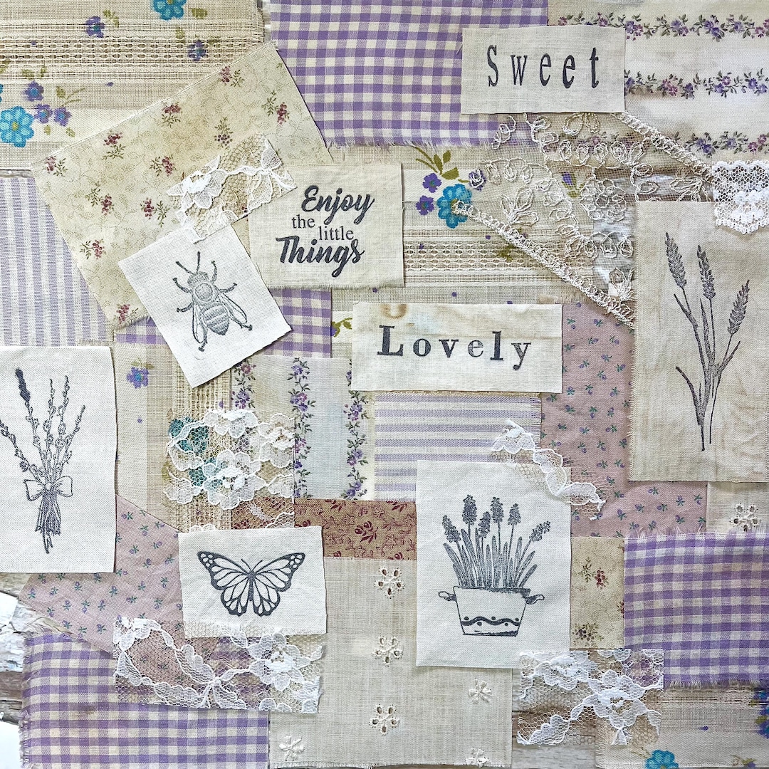20 Piece prairie Patches Torn Fabric Snippets lavender Fields Purple De ...