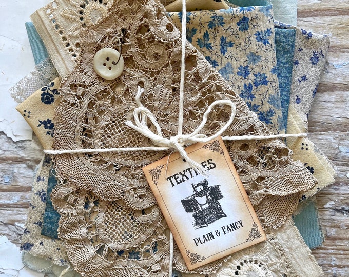 Mixed Fabric "plain & Fancy" Ephemera Bundle - Country Blues - Vintage ...