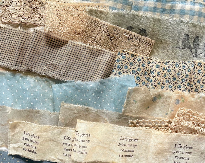 12 Piece "prairie Strips" Torn Fabric Ribbon Strips - Country Blues ...
