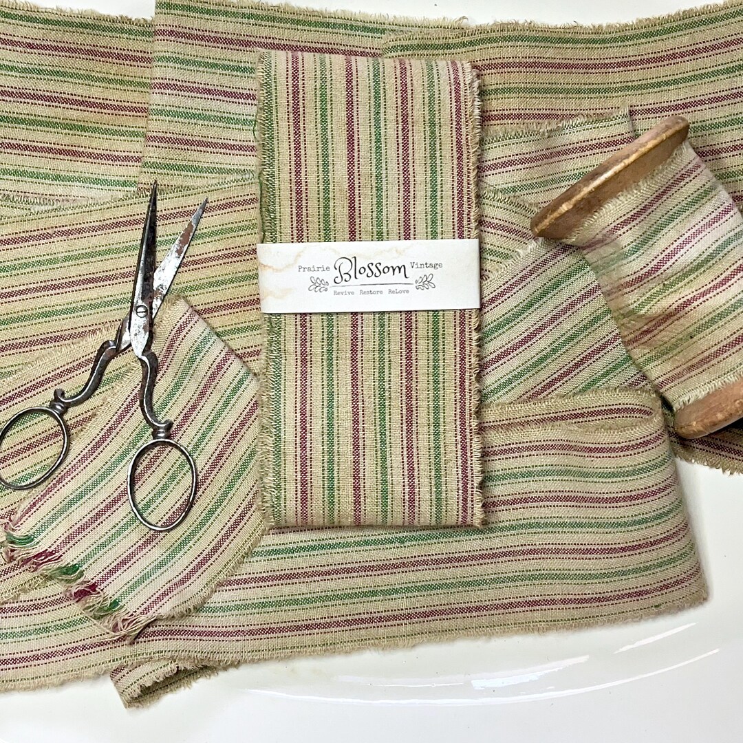 1 Yard Red and Green Striped Torn Fabric Ribbon Torn Frayed Fabric ...