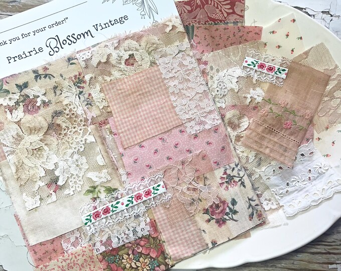 30+ Piece Prairie Patches "prairie Rose" Pink Mix Scrap Fabrics & Laces ...