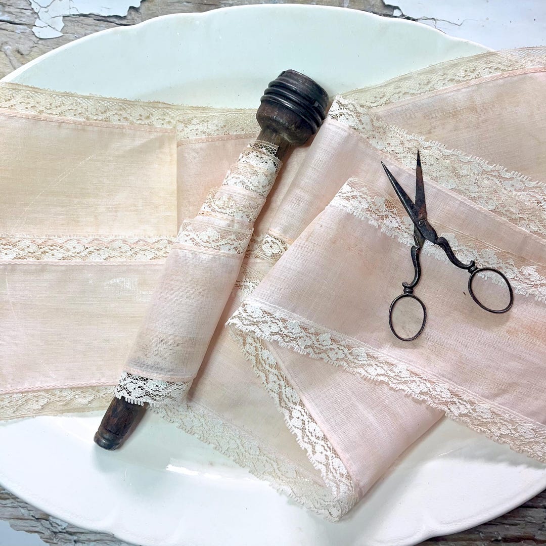 1 Yard Pink Fabric Lace Trimmed Ribbon - Coffee Dyed Ribbon Strips ...