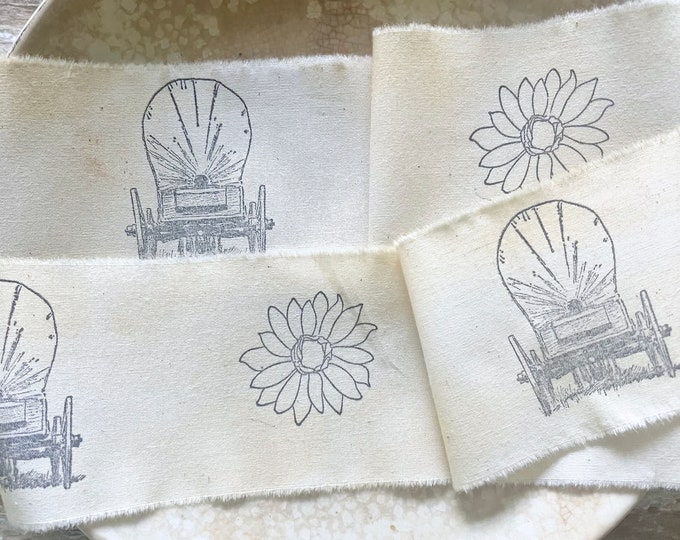 1 Yard Stamped Covered Wagon & Floral Torn Fabric Ribbon - Pioneer ...