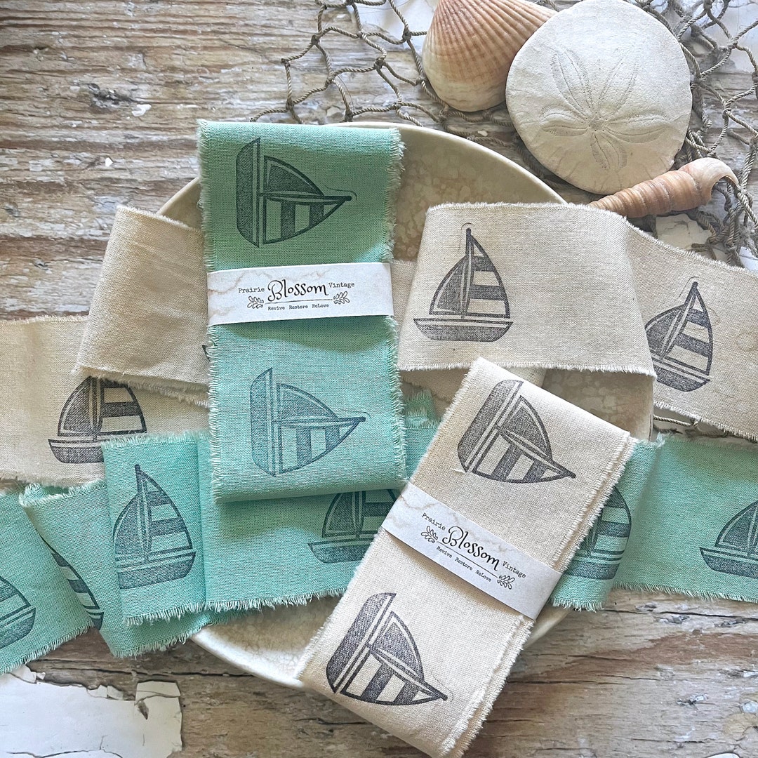 1 Yard Stamped Sailboat Torn Fabric Ribbon - by the Shores Ocean ...