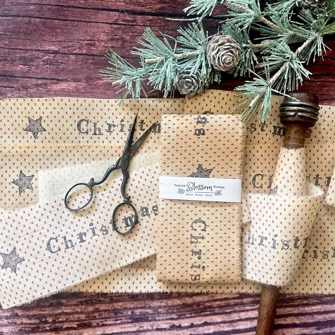 1 Yard Primitive Hand Stamped "christmas" Ribbon - Coffee Dyed Fabric ...