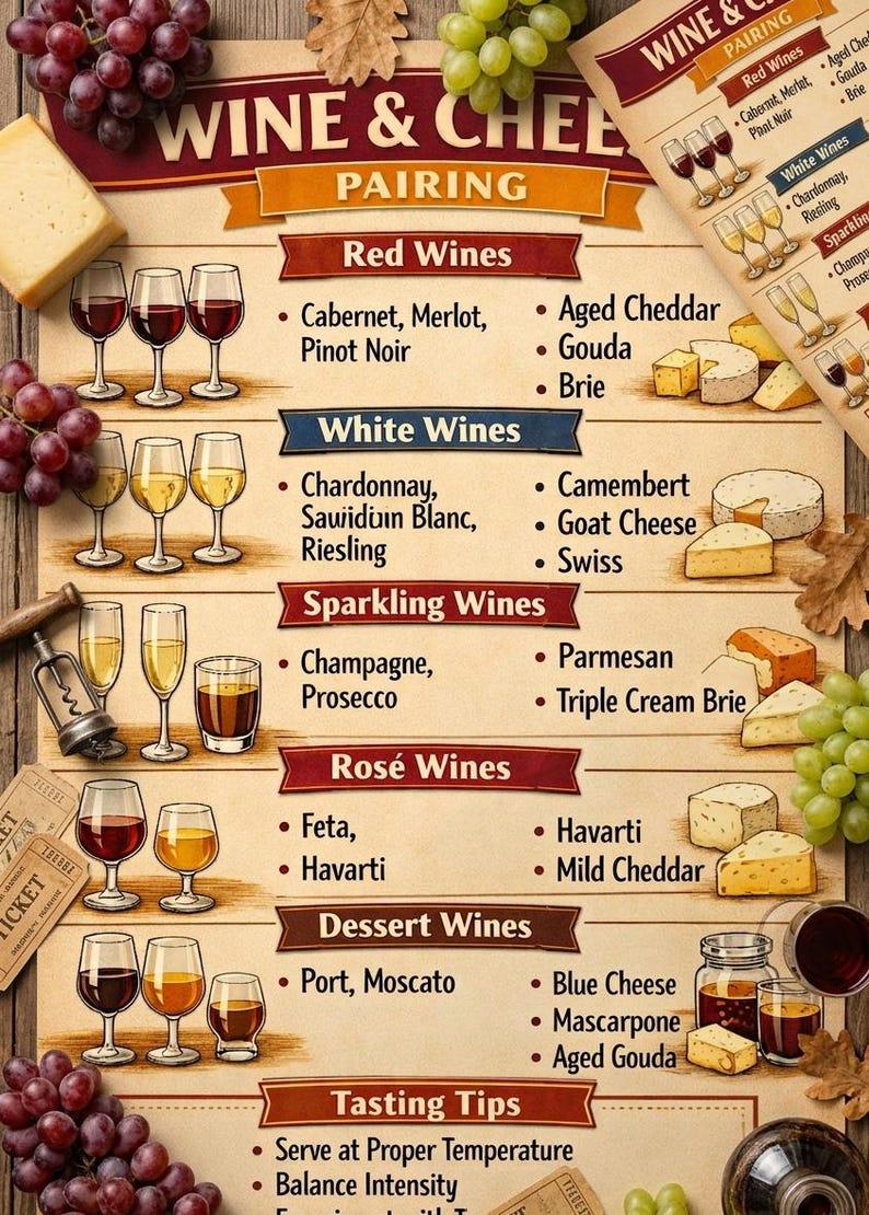 Wine & Cheese Pairing Cheat Sheet Printable | Kitchen Wall Art, Wine ...