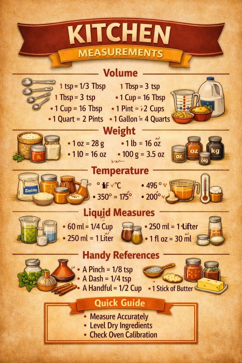 Kitchen Measurements Cheat Sheet Poster | Cooking Conversion Chart ...