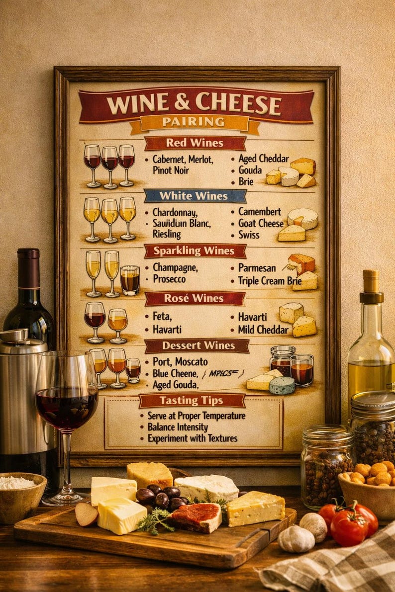 Wine & Cheese Pairing Cheat Sheet Printable | Kitchen Wall Art, Wine ...