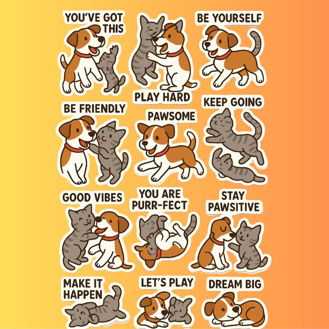 Dog Jack Russell and Chubby Tabby Cat 12 Funny Animal Stickers – Kawaii ...