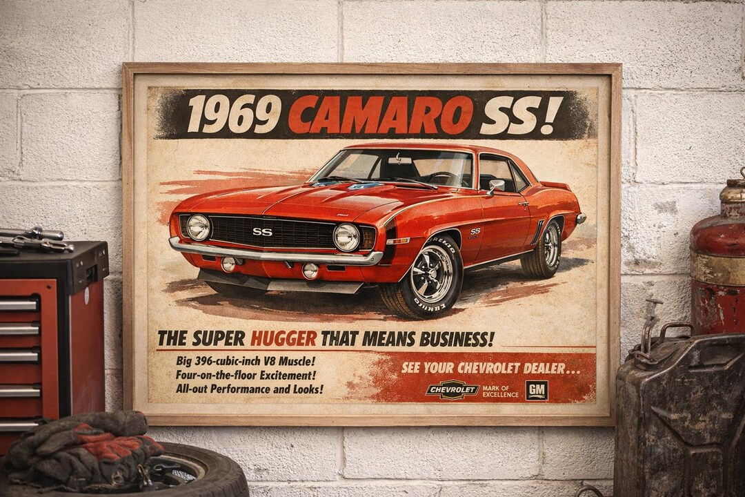 1969 Camaro SS Vintage Car Poster | Classic Muscle Car Wall Art | Retro ...