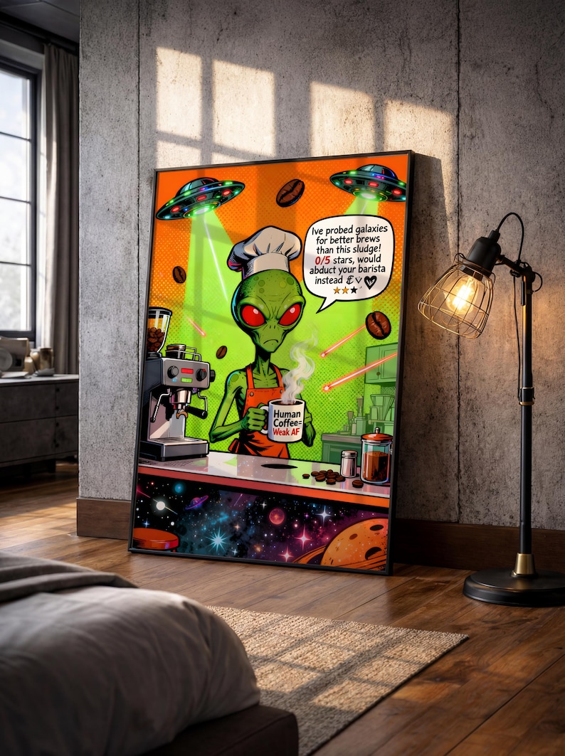 Funny Alien Coffee Wall Art Print, Sci-fi Barista Illustration, Comic ...