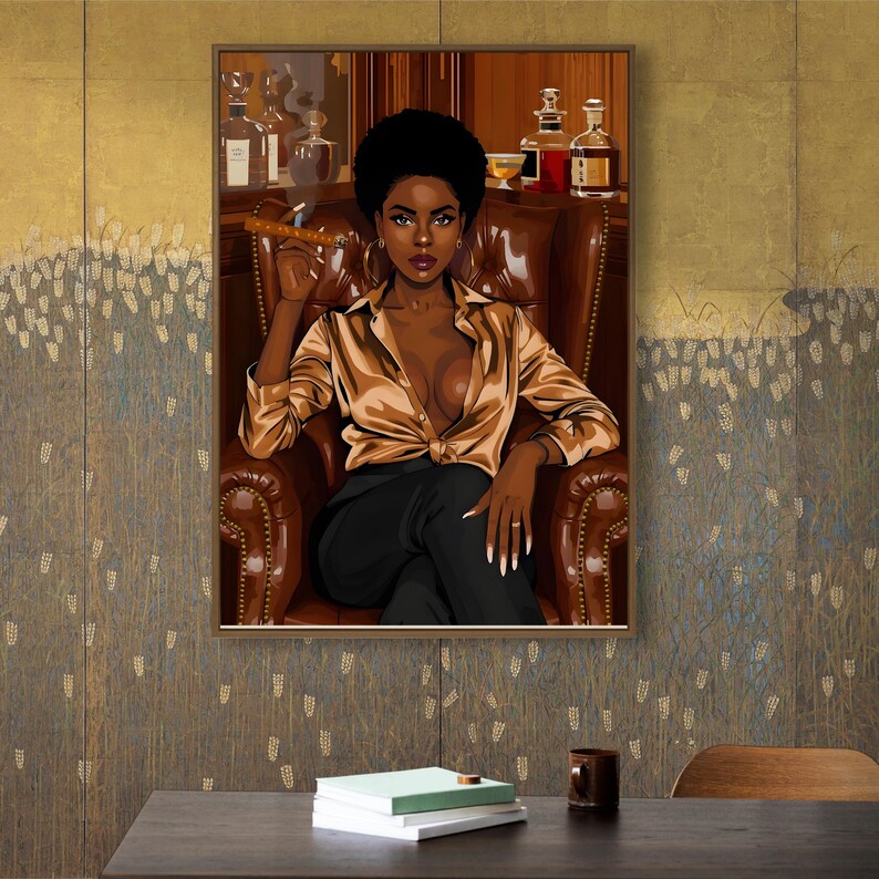 Luxury Boss Afro Woman Wall Art – Confident Black Woman in Cigar Lounge ...