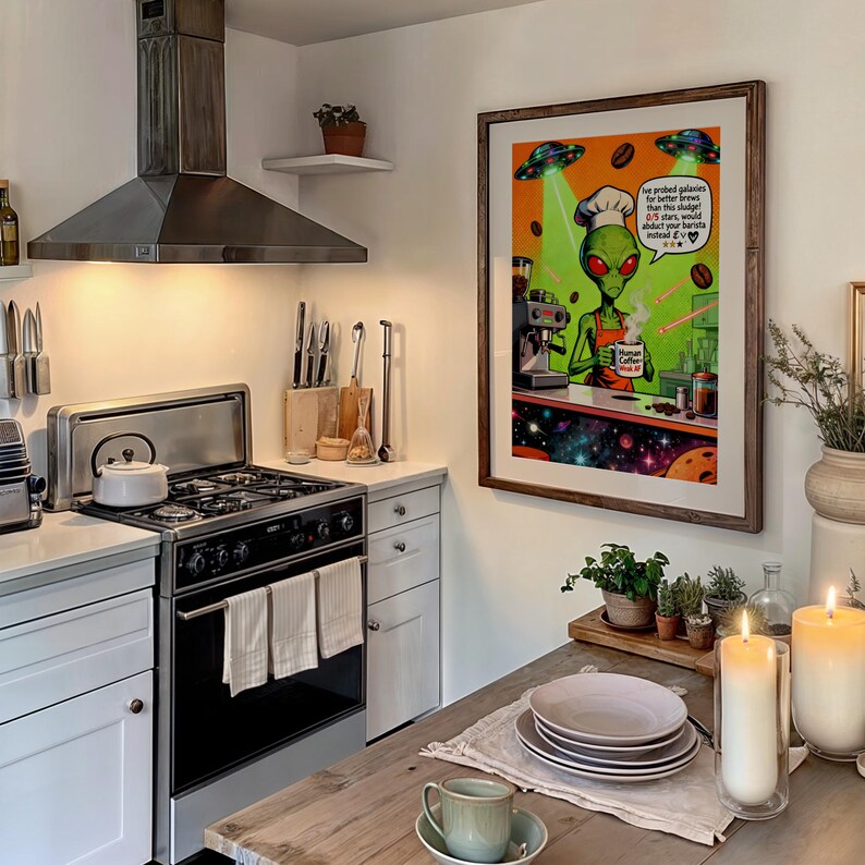 Funny Alien Coffee Wall Art Print, Sci-fi Barista Illustration, Comic ...