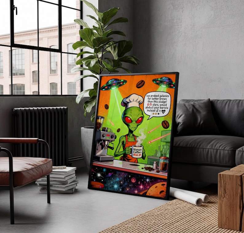 Funny Alien Coffee Wall Art Print, Sci-fi Barista Illustration, Comic ...