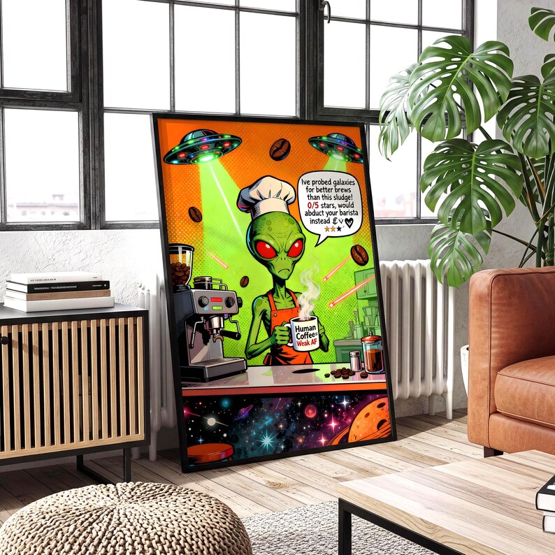 Funny Alien Barista Art Print, Sci-fi Coffee Decor - Etsy UK