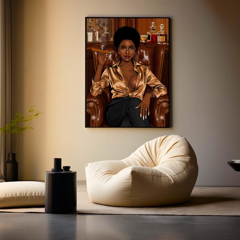 Luxury Boss Afro Woman Wall Art – Confident Black Woman in Cigar Lounge ...
