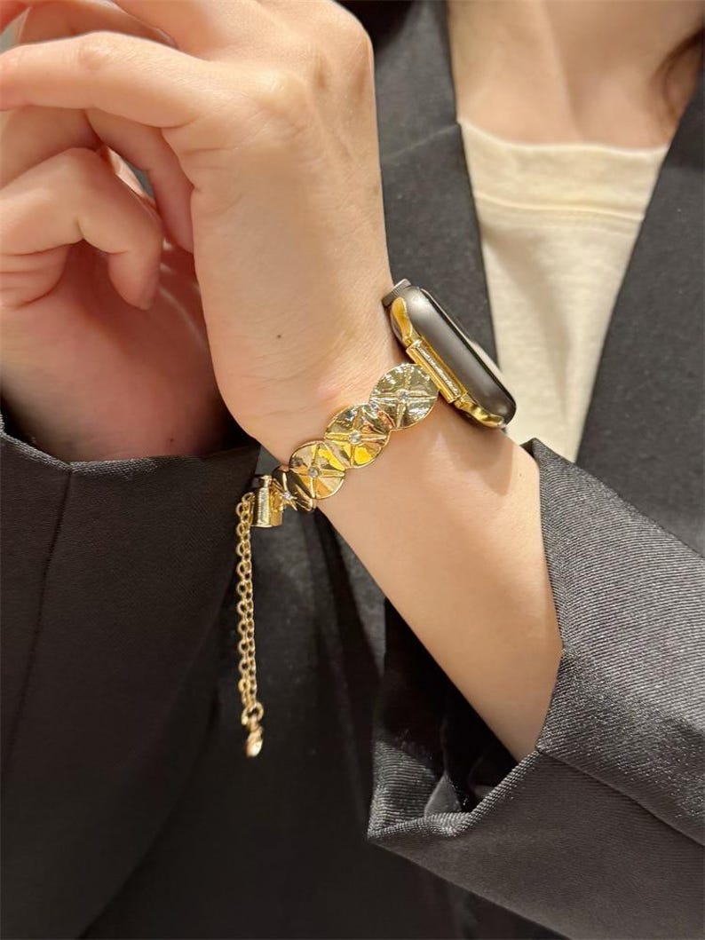 Champagne Gold Quilted Apple Watch Band, Heart Charm Chain Strap ...
