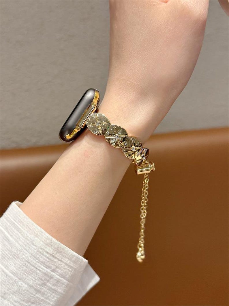 Champagne Gold Quilted Apple Watch Band, Heart Charm Chain Strap ...