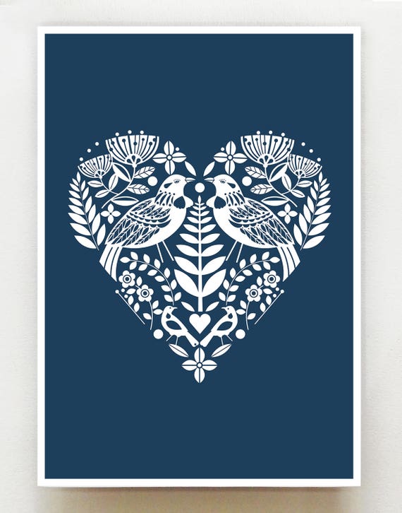 New Zealand native Tui bird in a royal blue heart print | Etsy
