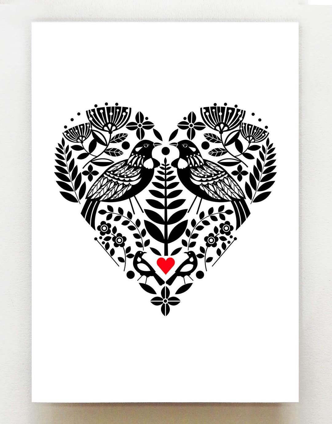 New Zealand Tui, Black and White Heart, With Bright Red, Print, NZA36 ...