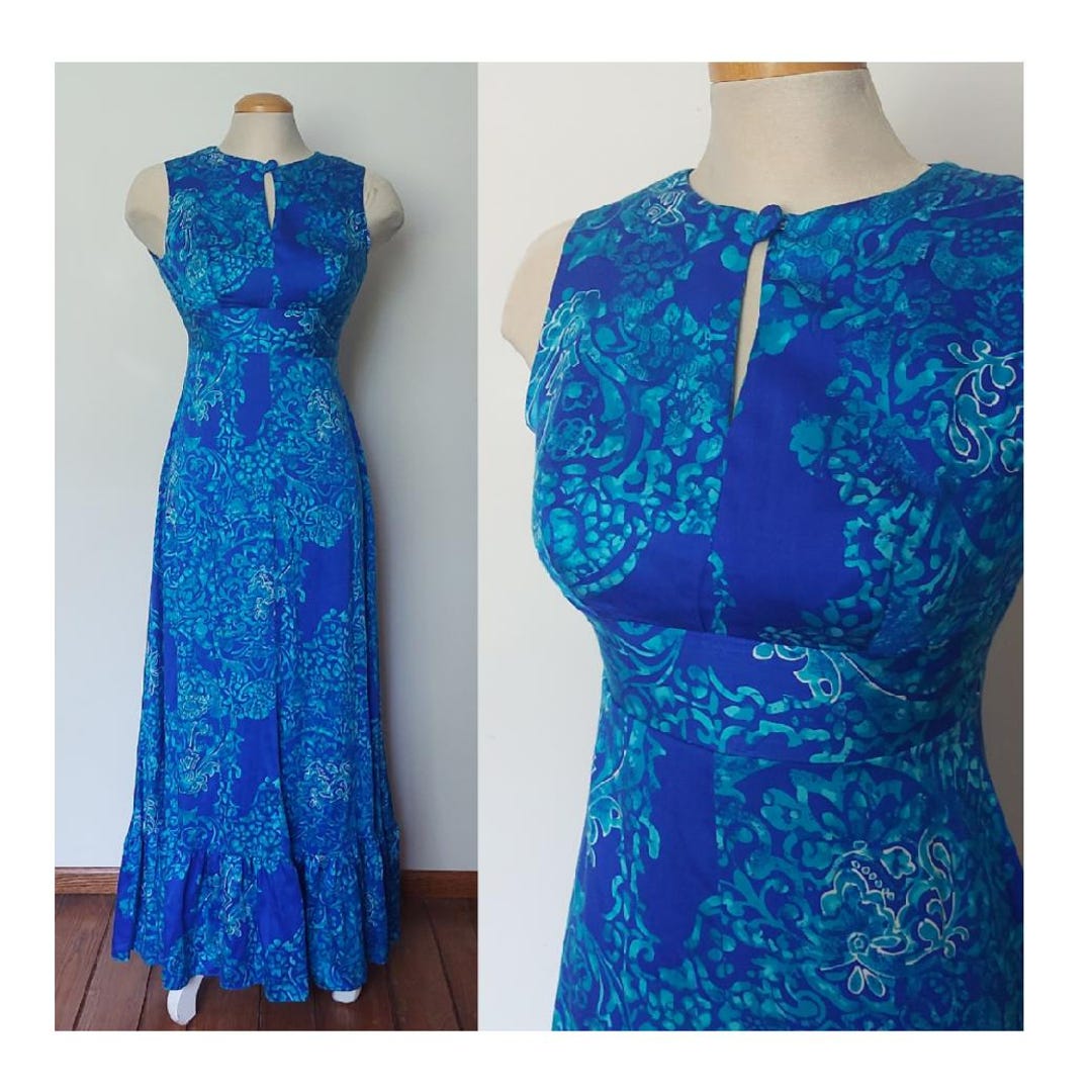 1960s/70s Kawika of Hawaii Honolulu Blue Batik Sleeveless Maxi Dress ...