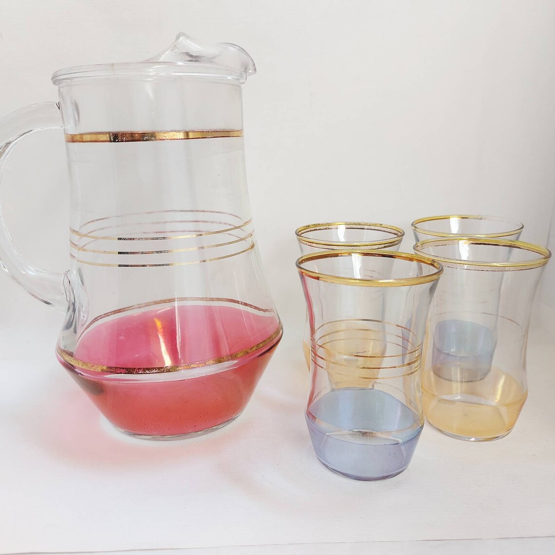 1950s/60s Lusterware Glass Pitcher and 4 Glass Barware Set - Vintage ...