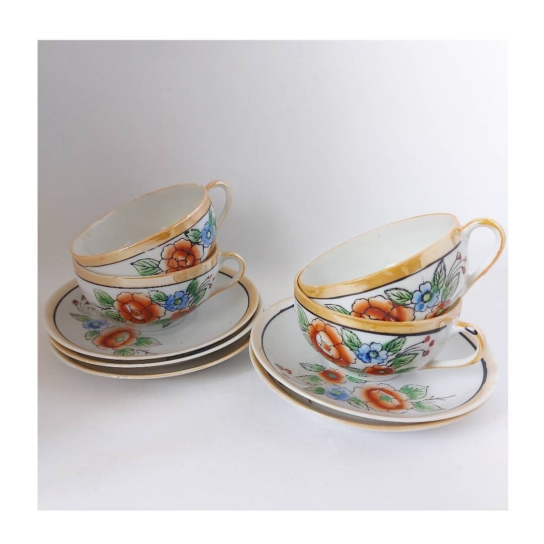 Vintage Japanese Lusterware Porcelain 4 Teacups and Saucers - 9 Pieces ...